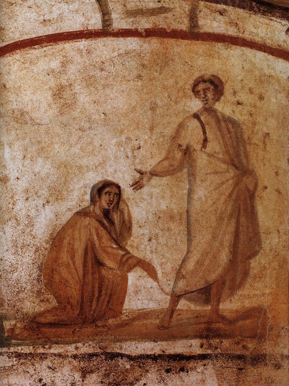 Christ Healing a bleeding woman as depicted in the Catacombs of ...